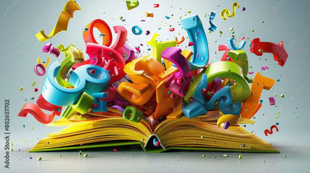 An open book with colorful 3D letters and numbers bursting out from the ...