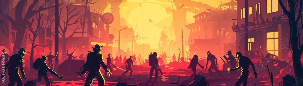 Zombie apocalypse scene in 2D style, featuring multiple zombies in a ...