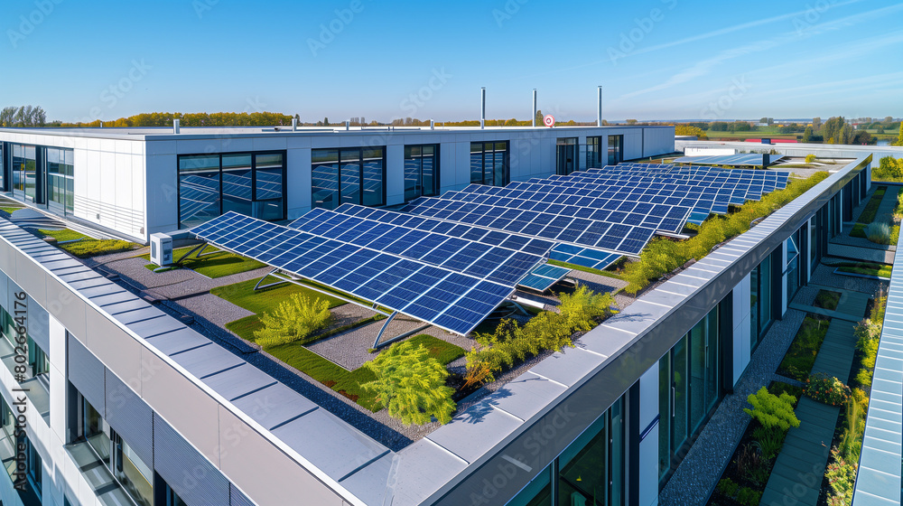 Modern Office Building with Solar Panels on Rooftop, Clear Sky ...