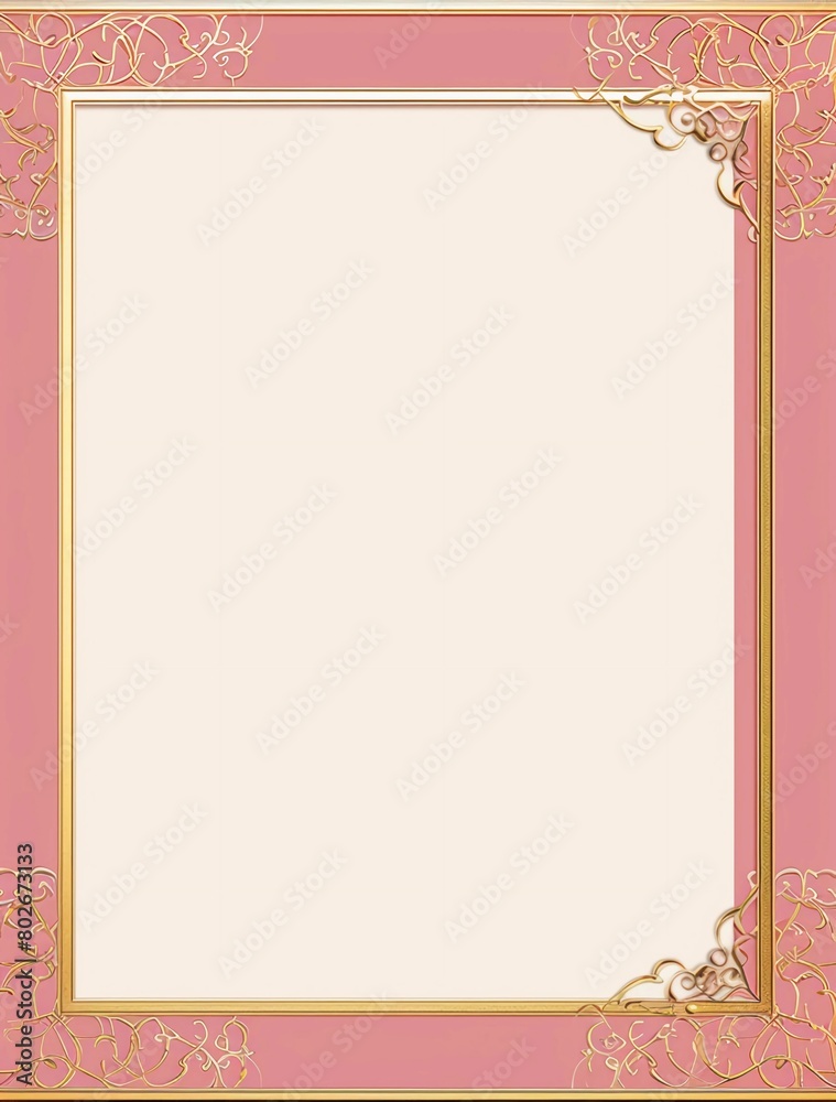 Pink and gold rectangular frame border with simple floral decoration ...