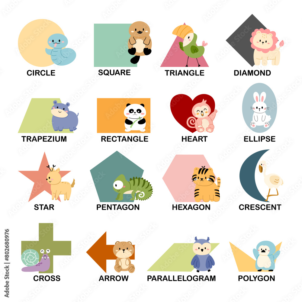 Shapes flashcards collection for kids. Flash cards set with cute ...
