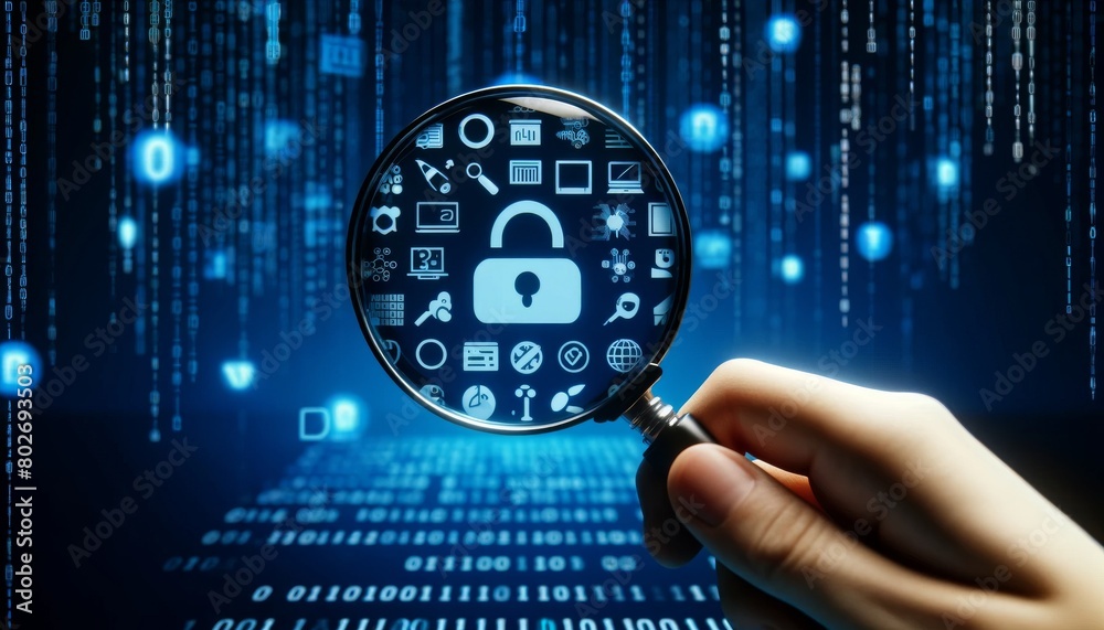 A close-up shot of a magnifying glass scanning over icons that ...