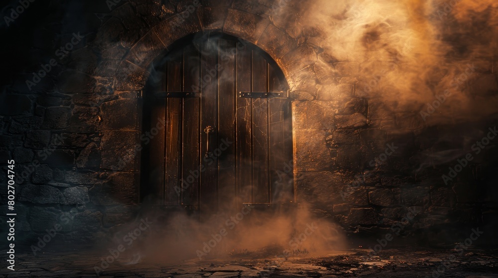 Creepy dungeon door enshrouded in darkness and smoke, cobwebs adding an ...