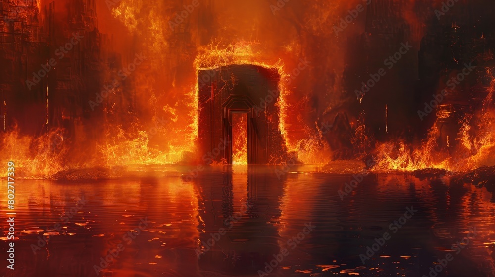 Hellish scene with a dark, reflective lake and a burning landscape, a ...