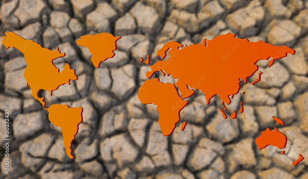 Orange world map on dry land background. Climate change concept ...