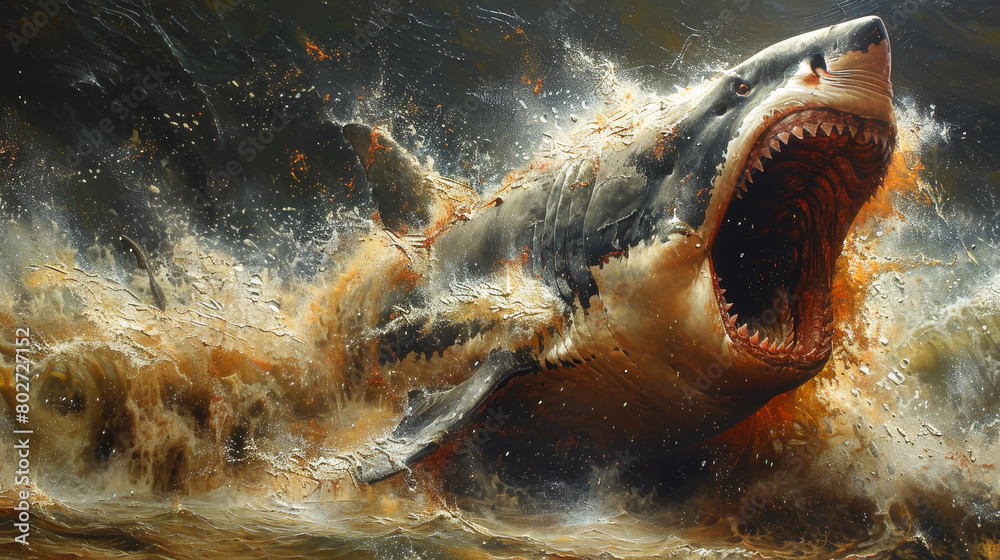 Hyper-realistic depiction of a great white shark leaping from ocean ...