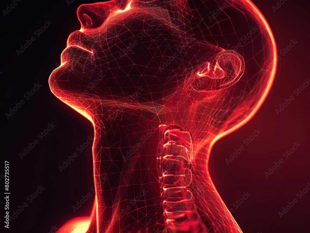 This image features a vibrant red digital mesh model of human neck ...