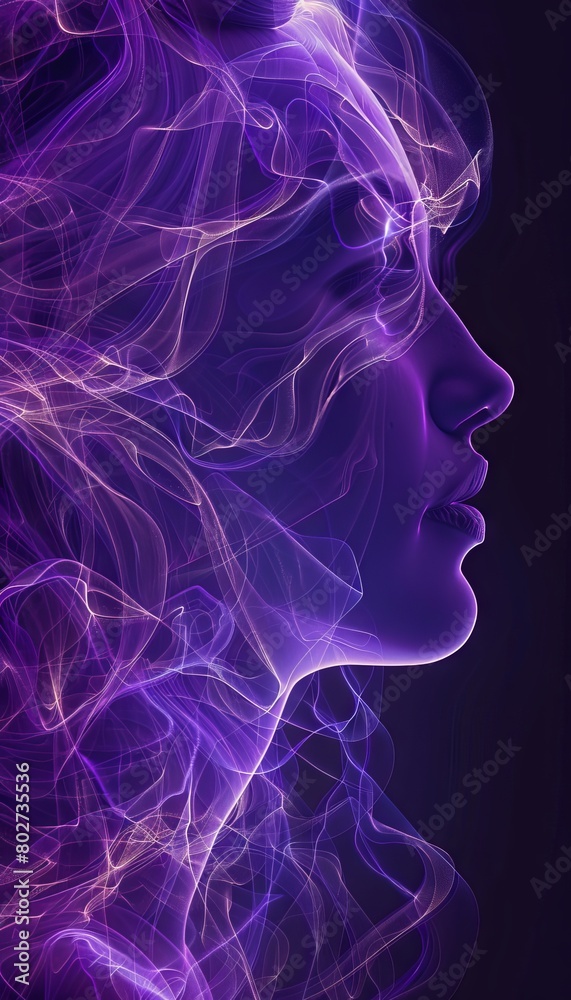 Striking digital artwork of a human face enveloped in a vibrant purple ...