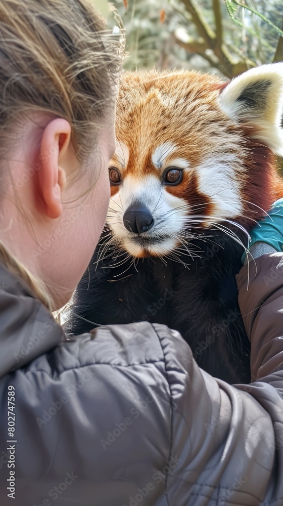 Veterinarian caring for a red panda at a wildlife rescue center ...