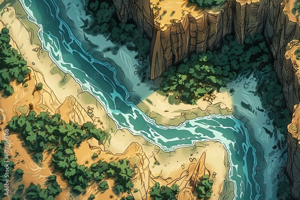DnD Battlemap Winding Canyons Map - Terrain and River Landscape. Stock ...
