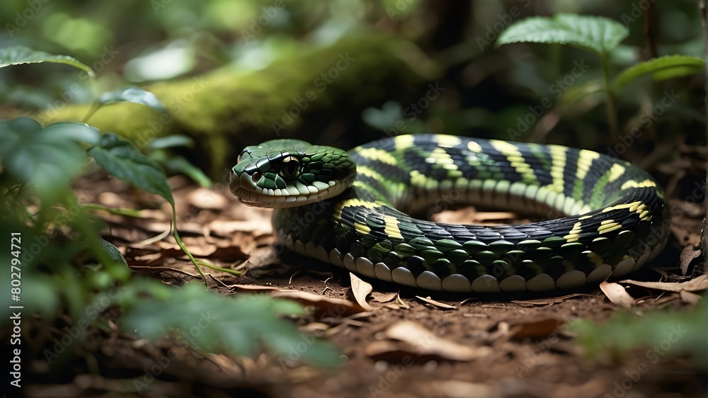 Snake: In a dense forest, a sinuous snake slithers gracefully across ...