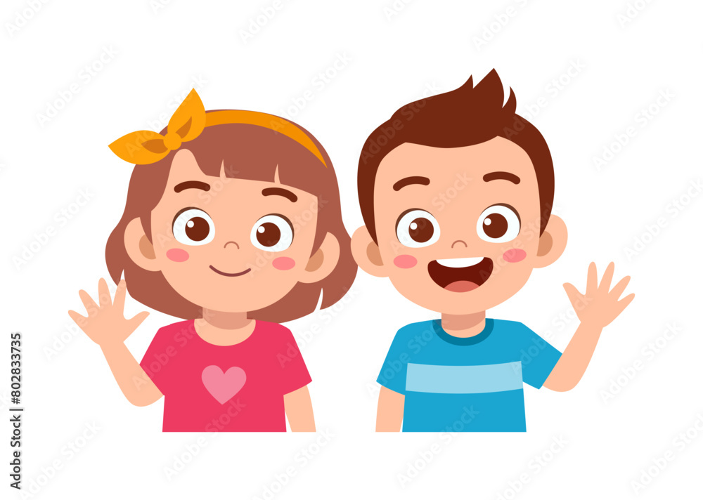 little kid with friend smile and waving hand Stock Vector | Adobe Stock