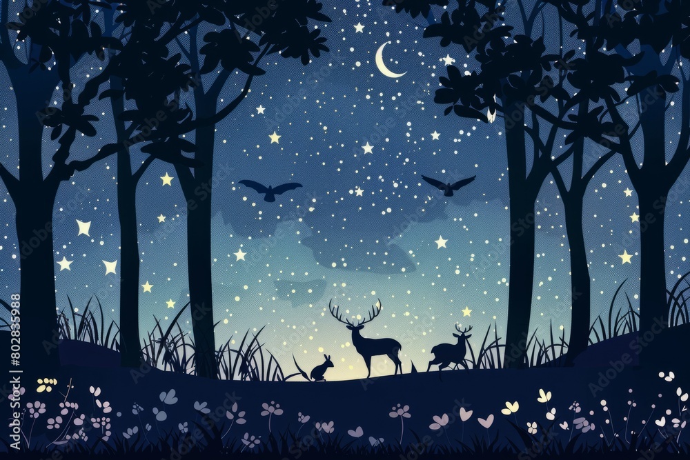 Cartoon cute doodles of a forest silhouette under a starry night sky ...