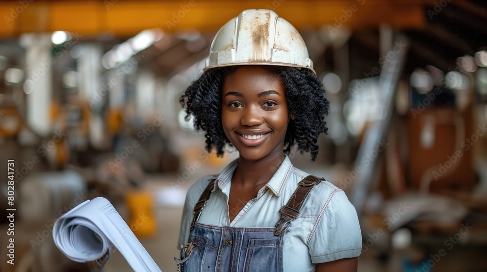 An enthusiastic young female engineer holding architectural plans, dressed in professional ...