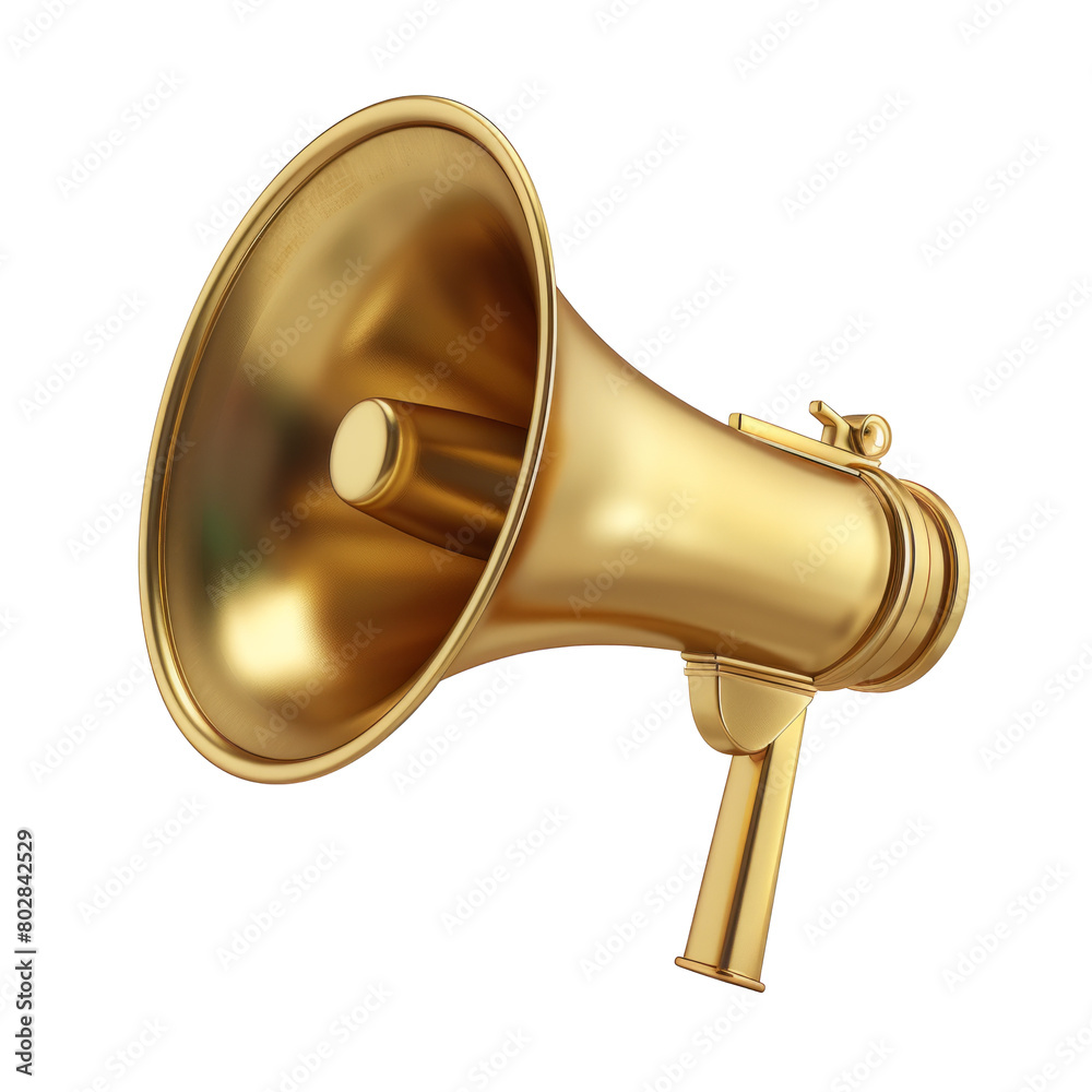 Golden megaphone white background isolated closeup, gold metal ...