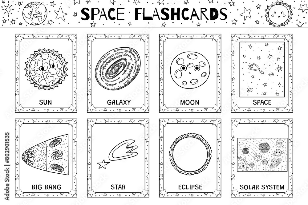 Space flashcards black and white collection with cute characters and ...