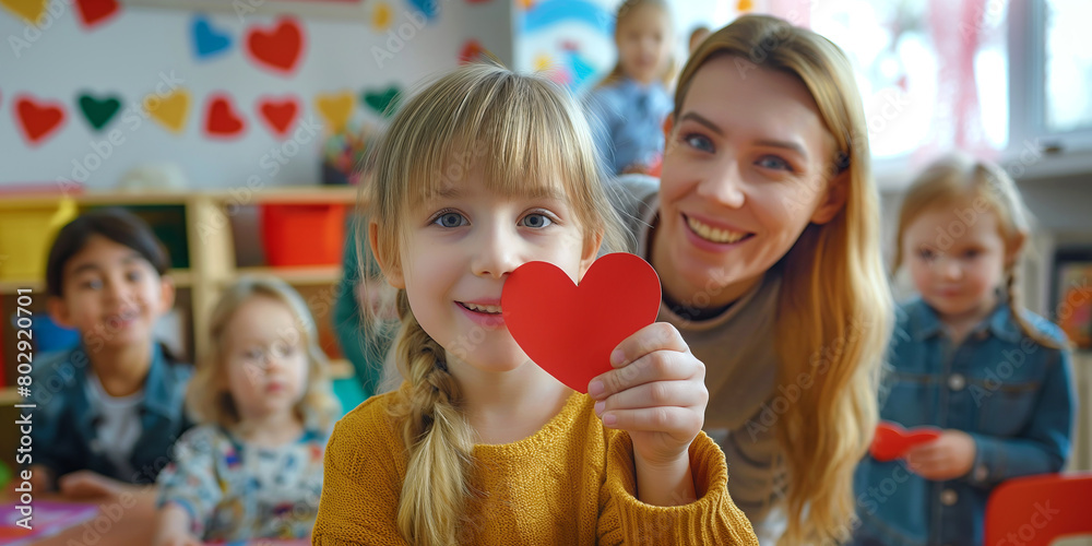 Cute young child giving a heart-shape card to their kindergarten or ...