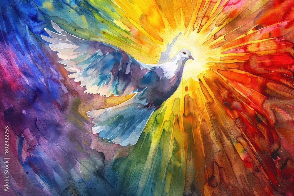 Rainbow dove flying gracefully upwards., the Ascension of Christ, the ...