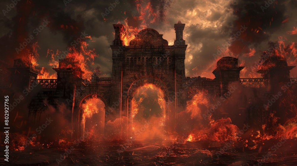 The imposing gates of hell open, with Charon, the ferryman of the dead ...