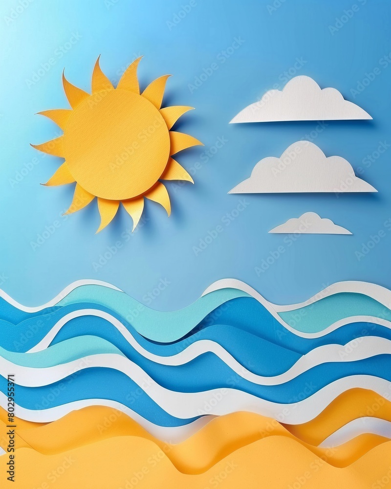 Artistic papercraft representation of a beach, with crafted paper waves ...
