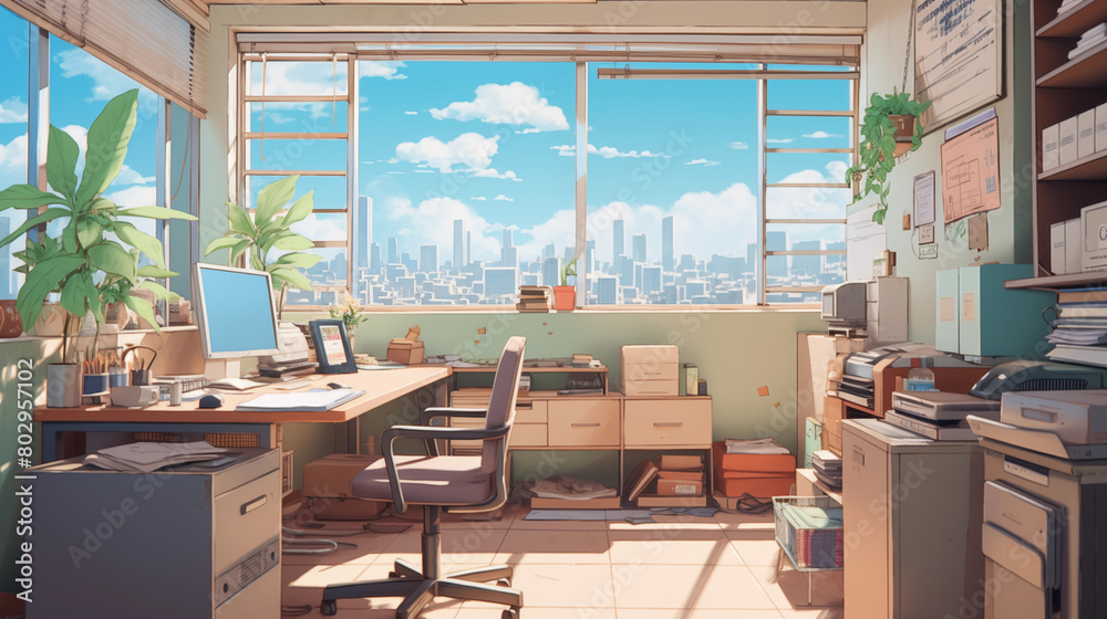 Warm sunlight bathes neat office space 2D cartoon illustration ...