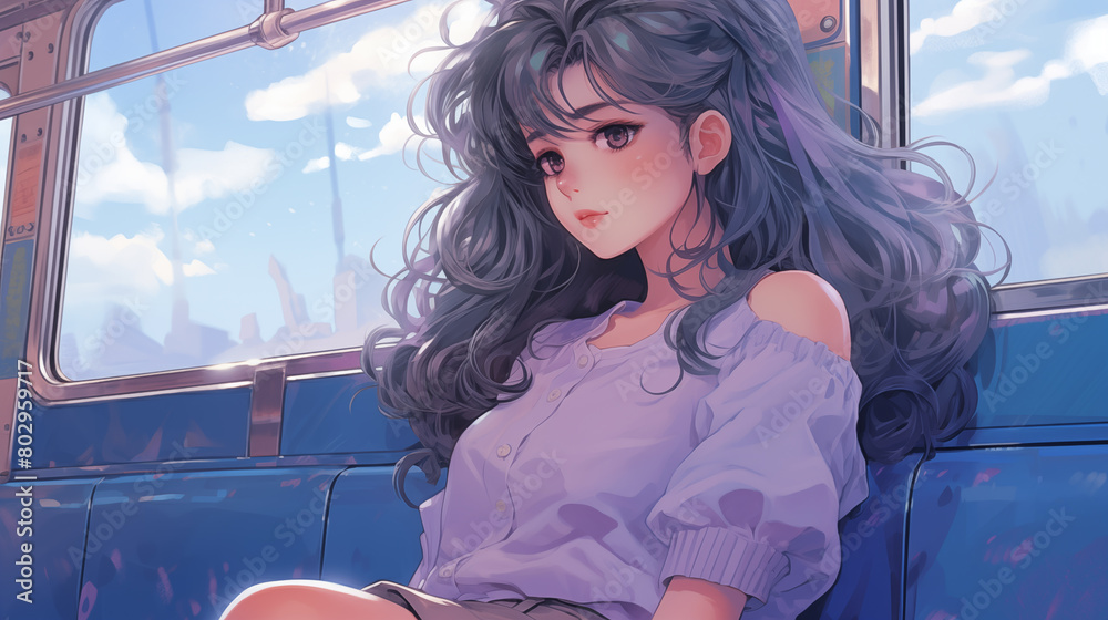 Anime girl with wavy hair seated pensively on bus 2D cartoon ...