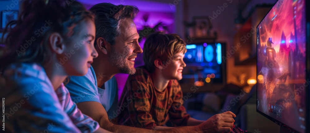 Happy family, father and children, playing a PC game together with ...
