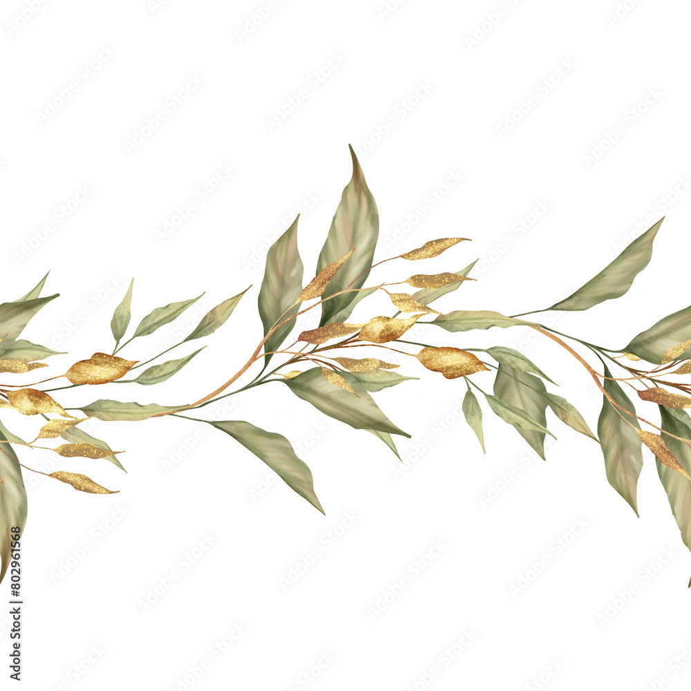 Green and gold leaves frame or border, for wedding stationary ...