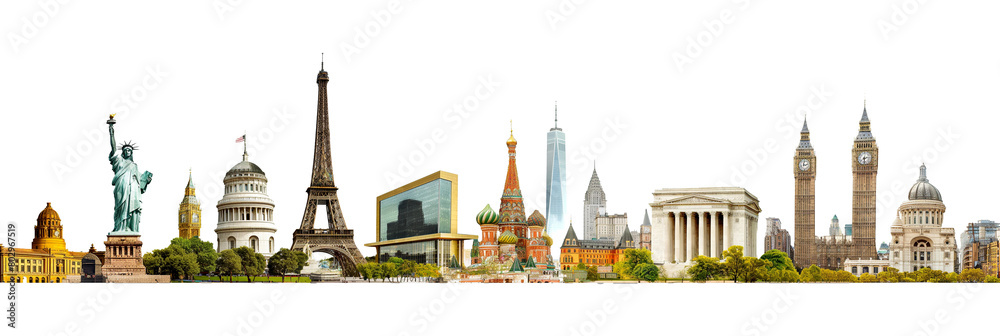 Historical monuments of different countries isolated on transparent ...