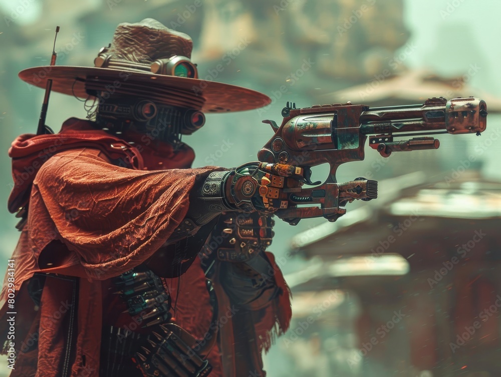 A cinematic still frames a cyberpunk cowboy warrior monk, standing tall ...
