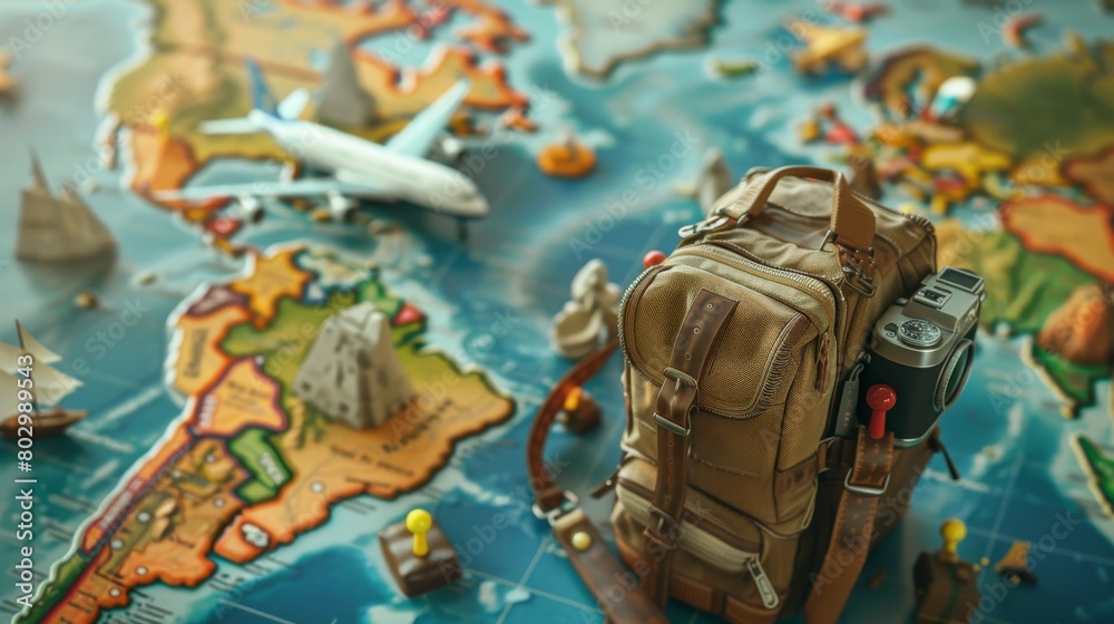 Global Adventure: Map with Pins on Exotic Destinations, Backpack ...