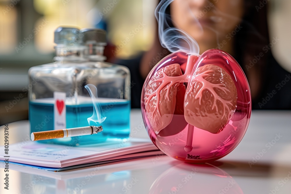 Closeup of a pink plastic human lungs model on a table with blue liquid ...