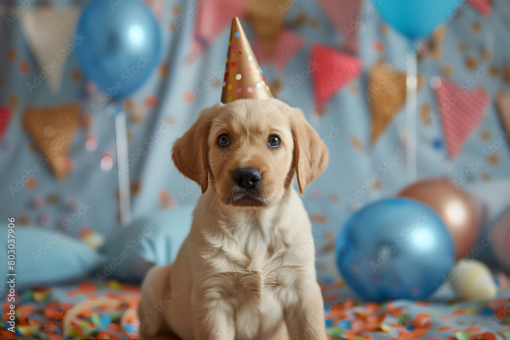 Young golden retriever puppy celebrating with party hat and balloons. Adorable puppy at a ...