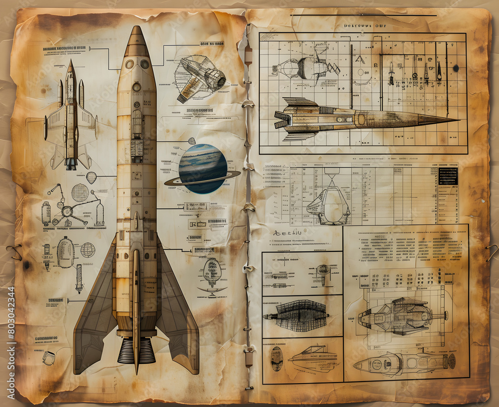 Spaceship schematics, scientific, junk journal printable pages, Stock ...