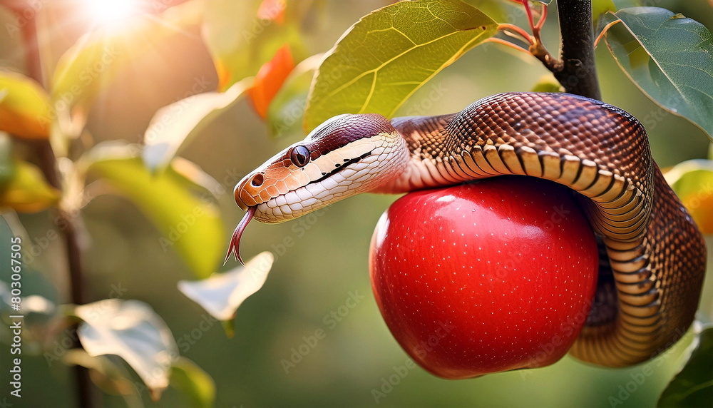 The Original Sin and the Forbidden Fruit Concept, close-up of a poisonous snake coiled around a ...