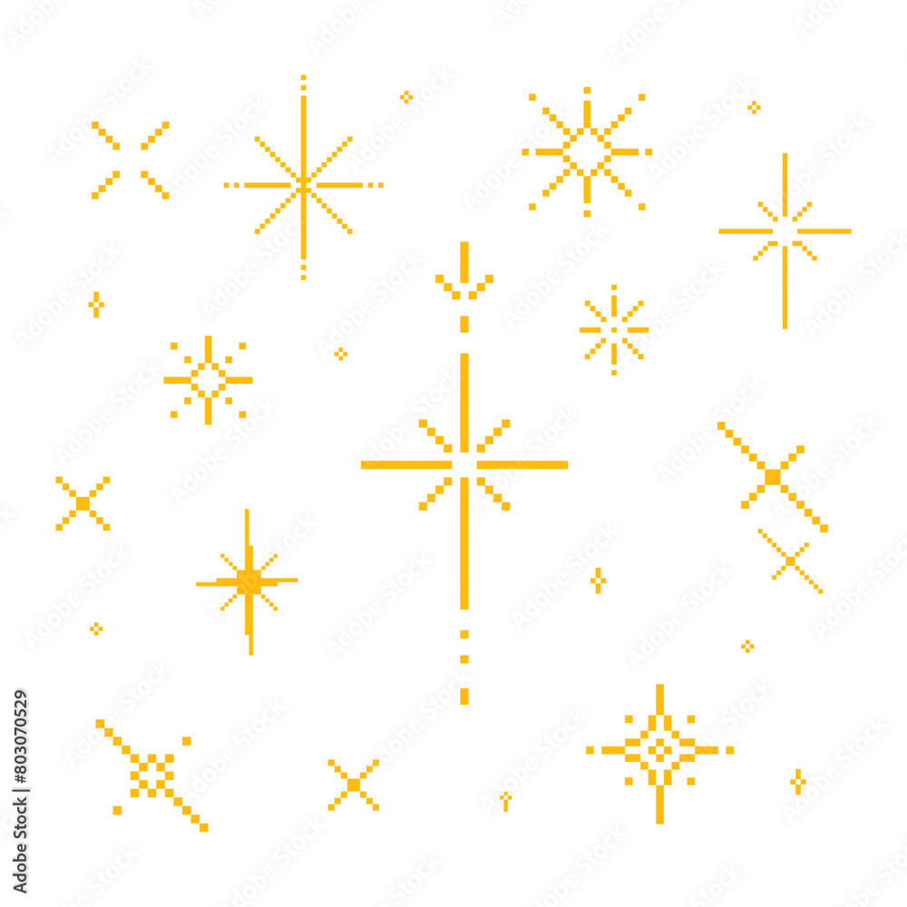Pixel art sparkling stars, bright yellow sparkle star, Stars, glitter, sparkles. Starry sky ...