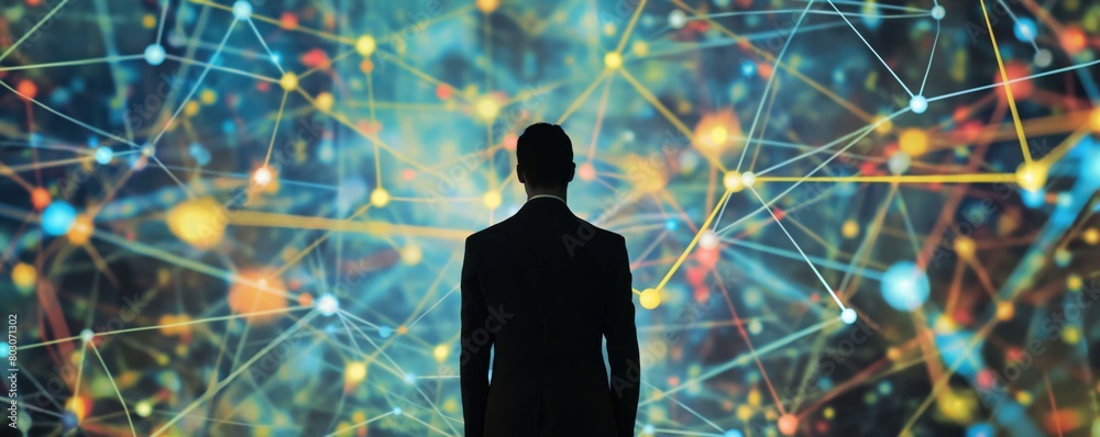 Overlay a businessman's silhouette with a complex network diagram to ...