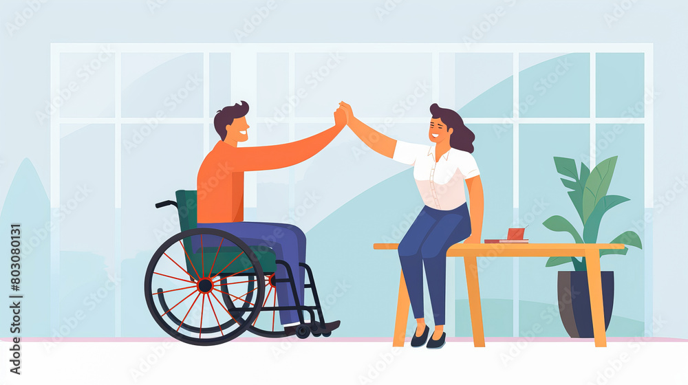 An illustration of workplace inclusivity with a wheelchair-bound ...