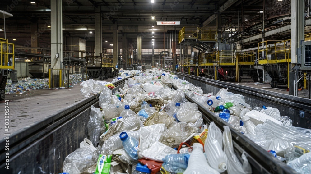 Industrial Plastic Waste Sorting Conveyor at Recycling Facility Stock ...