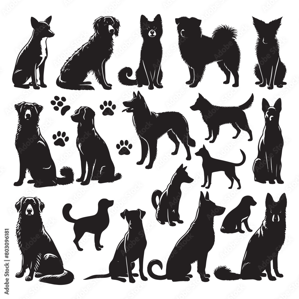 Dog breeds silhouette set Front view of dogs group standing or sitting ...