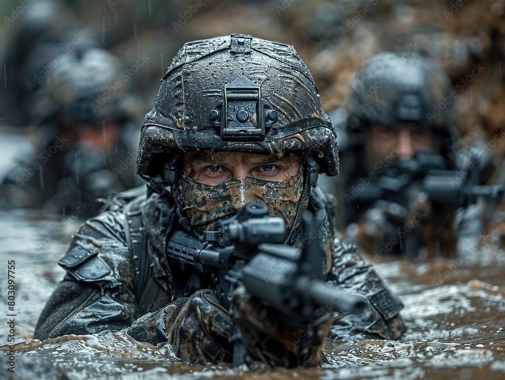 Focused soldier in camo and gear aiming rifle in muddy terrain during rain, gazing intensely ...