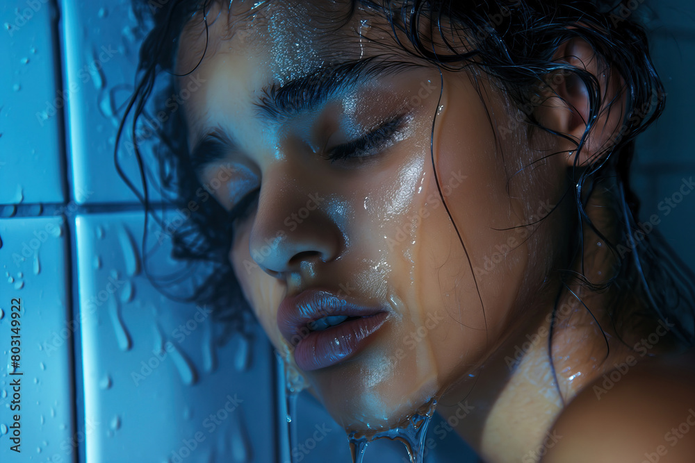 Sad Indian or Pakistani teenage girl crying in bath tub under shower ...