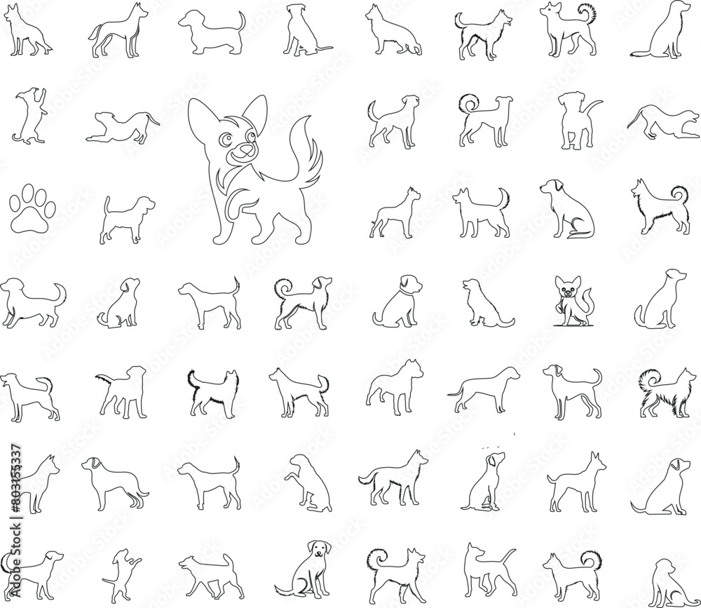 Hand drawn playful dog sketches, various breeds of dogs line art in ...