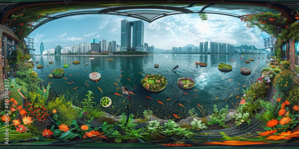 An immersive 360-degree equirectangular panorama of Seoul in the future ...
