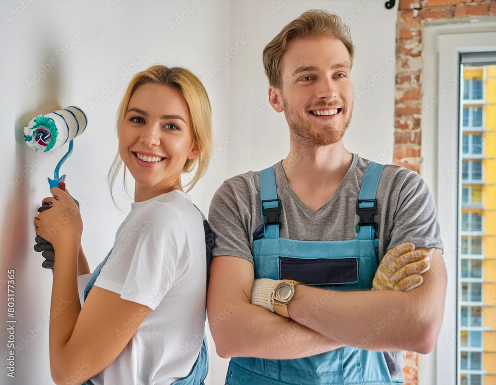 Young happy couple man woman during painting wall with paint roller in ...