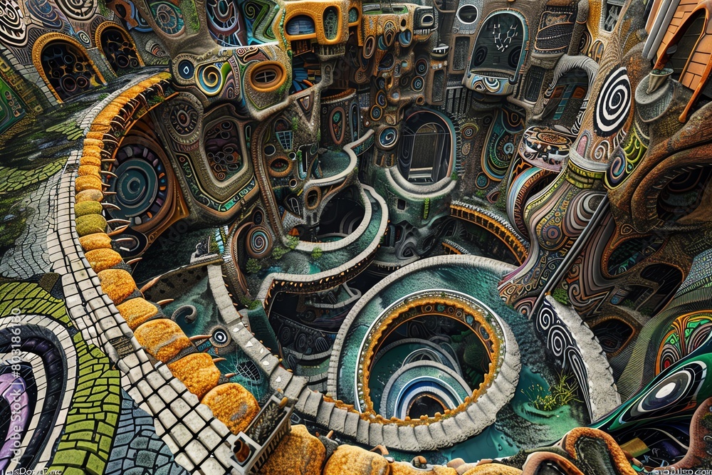 Imagine an urban labyrinth viewed from above, its walls adorned with ...