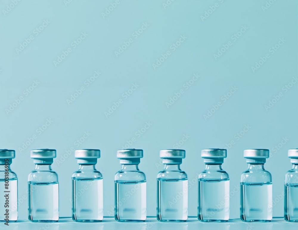 Uniform rows of sealed vaccine glass vials on a clean, blue background ...