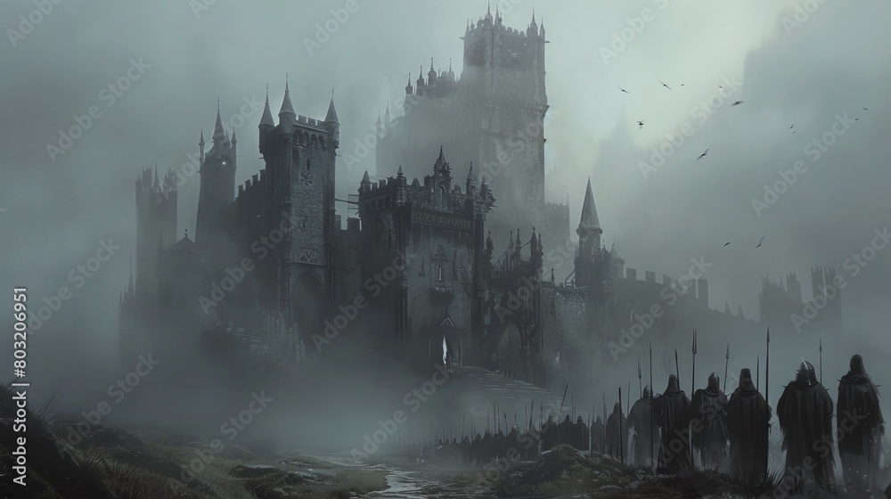 Concept Art of a medieval regiment assembled before a gothic castle, in ...