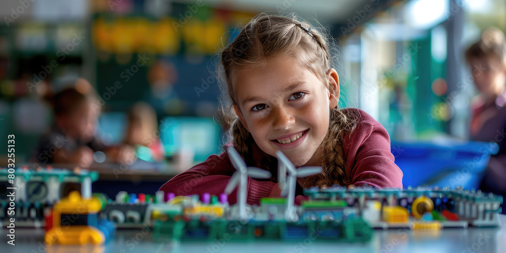 Kid girl at school learning about renewable energy. Teaching children ...