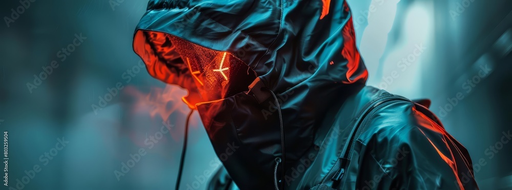 A mysterious figure wearing a hood and a mask with glowing red eyes. The figure is standing in a ...